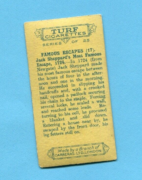 1926 TURF CARRERAS CIGARETTES FAMOUS ESCAPES TOBACCO CARD #17 JACK ...