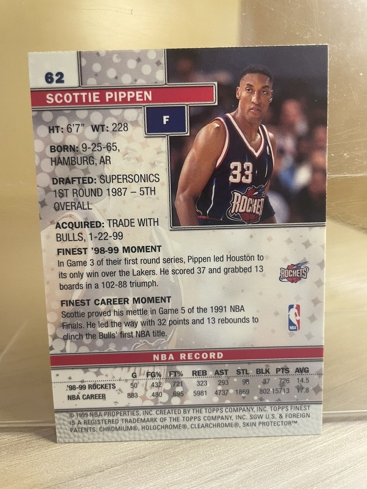 1999-00 TOPPS FINEST SCOTTIE PIPPEN HOUSTON ROCKETS #62 MINT CONDITION ...