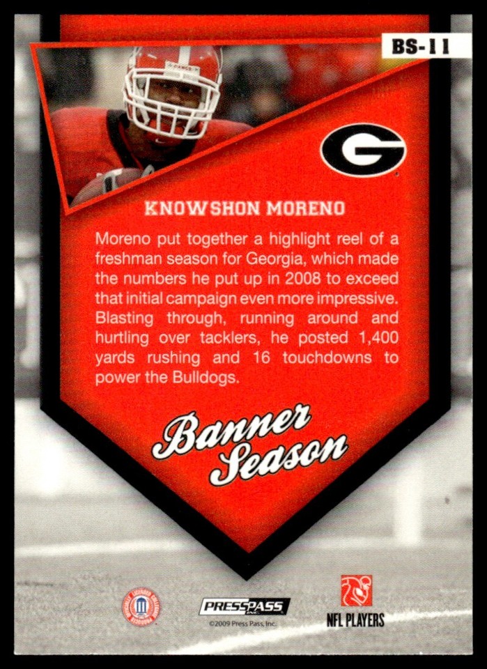 2009 Press Pass Banner Season Knowshon Moreno Rookie Georgia Bulldogs # ...