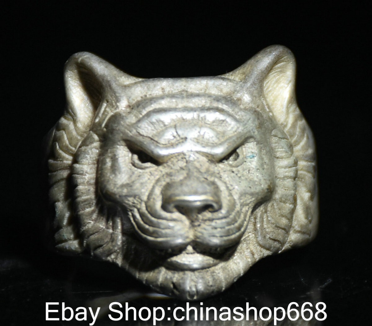 1.2" Old Chinese Miao Silver Carving Feng Shui Tiger Head Beast Jewelry ...