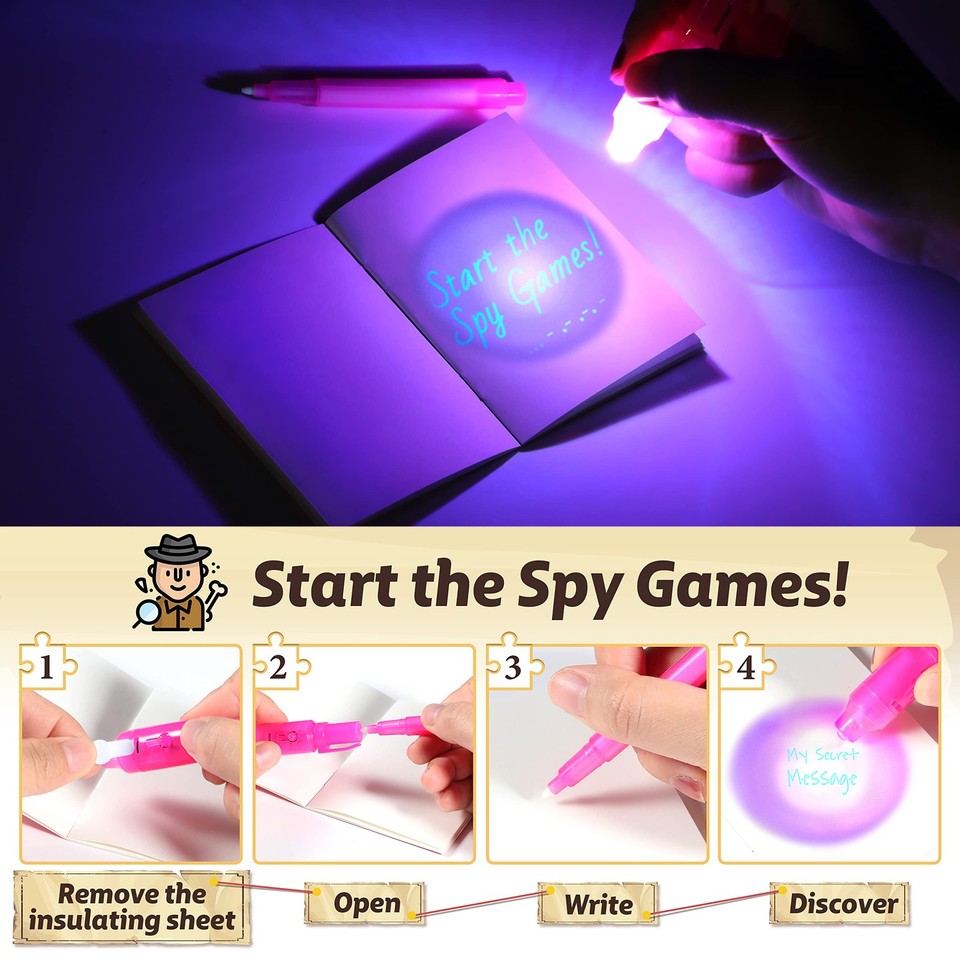 GIFTINBOX Invisible Ink Pens with UV light for Kids, Spy Pen Party ...