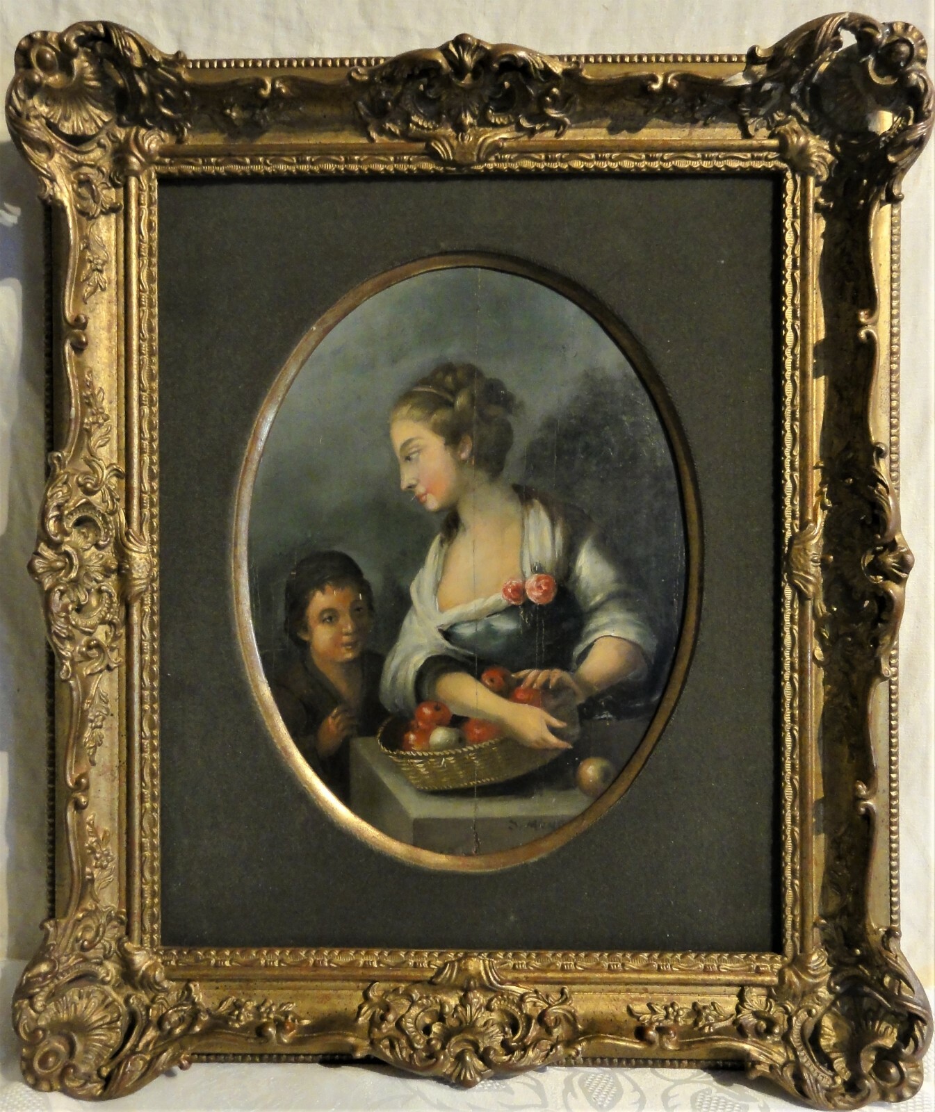 J. Mung (19.) oval-Gemälde im Barock-Stil auf Holz: MUTTER & KIND MIT ...