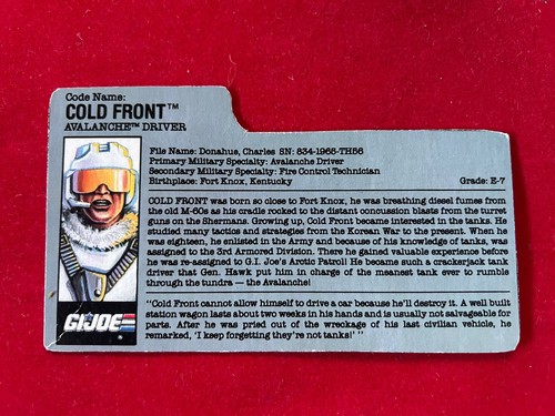 1990 Hasbro GI JOE - COLD FRONT : Avalanche Driver - File Card - ARAH ...
