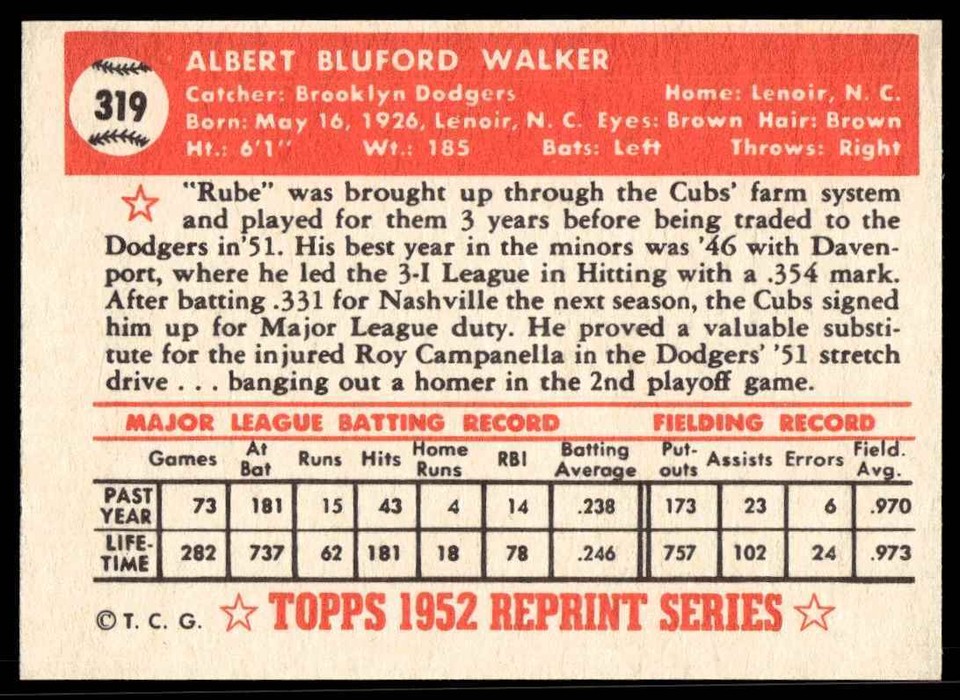 1983 Topps 1952 Reprint Series Rube Walker Brooklyn Dodgers #319 | eBay