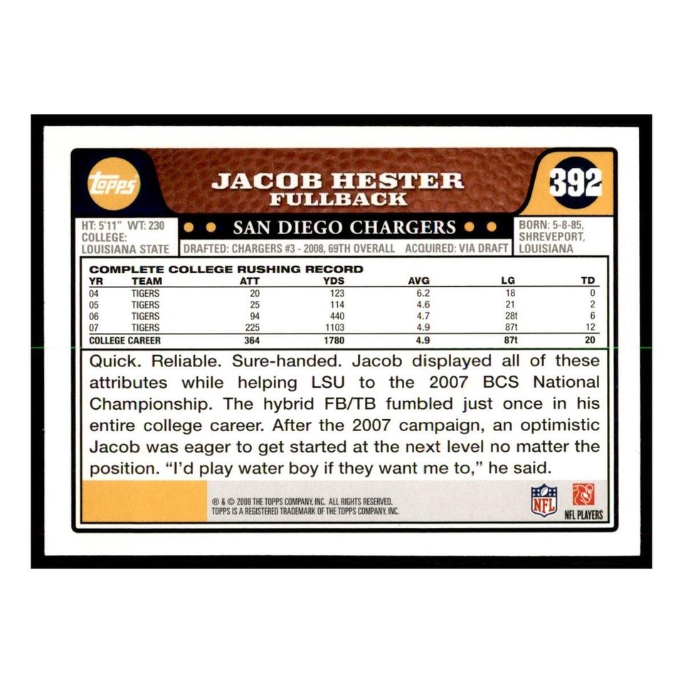 2008 Topps #392 Jacob Hester Rookie San Diego Chargers Football Card | eBay