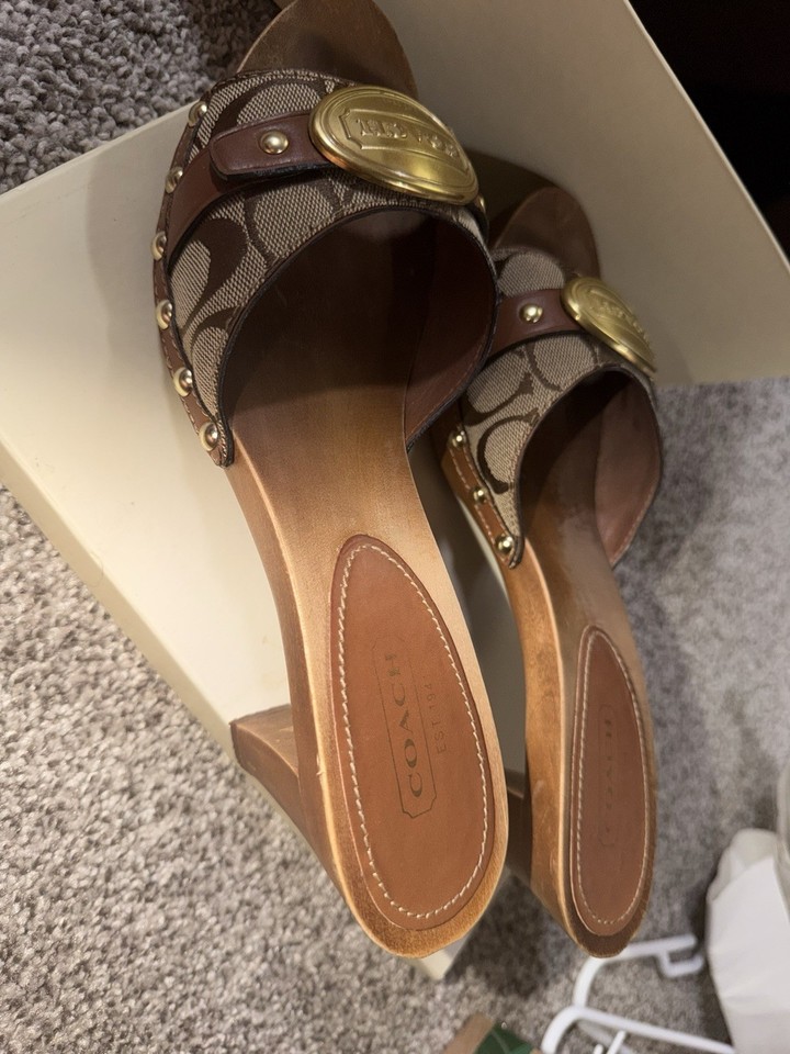 Coach Collie wood heel sandals with signature canvas and gold-tone ...