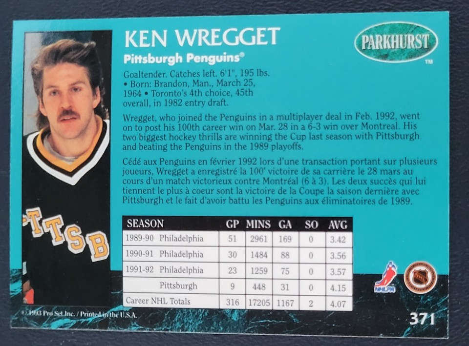 1992-93 Parkhurst Hockey Ken Wregget (Pittsburgh Penguins) #371 | eBay