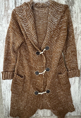 Brown & Cream Long Cable Knit Duster Hooded Heavy Cardigan Toggle ...