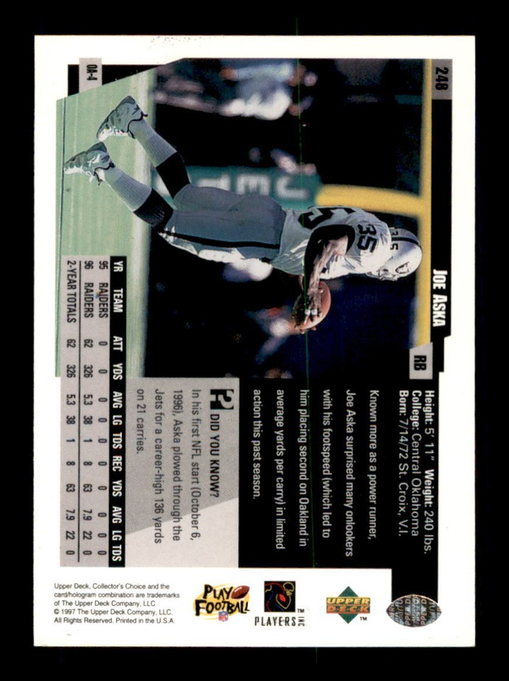 1997 Football Upper Deck Joe Aska Oakland Raiders #248 | eBay