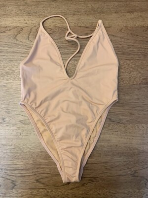 ASOS Beige Solid SIZE US 4 T Back High Leg Plunge One Piece Swimsuit ...