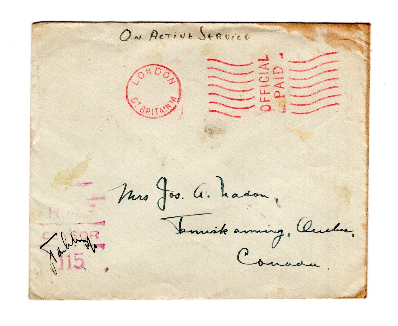 Canada WWII - RCAF / RAF Censor - Official Paid - Cover to Timiskaming ...