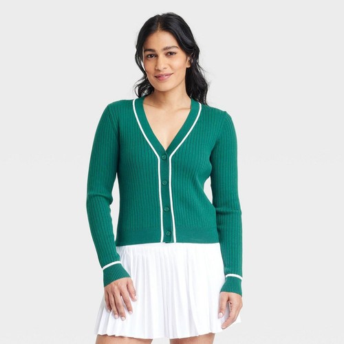 Women's Tipped Ribbed Cardigan Sweater - All In Motion Dark Green XL ...