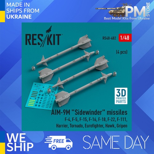 Reskit RS48-0482 1/48 AIM-9M "Sidewinder" missiles (4 pcs) F-4, F-5, F ...