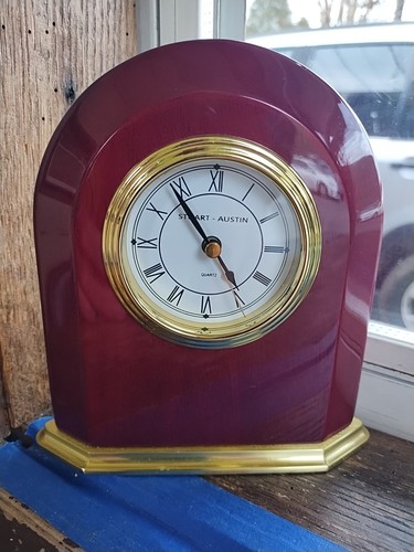 Vintage Stuart Austin Desk Clock Redwood Finish Gold Trim Arch Quartz ...