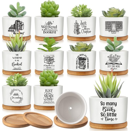 12 Pcs Book Lover Gifts Succulent Pots Reading Quotes Mini Ceramic ...