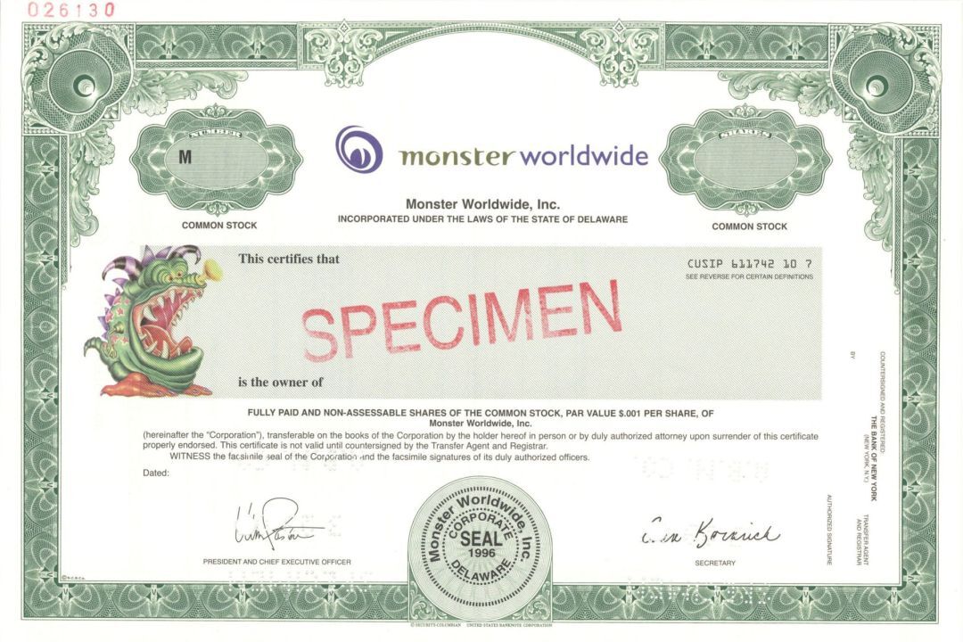 Monster Worldwide - Specimen Stocks and Bonds - Specimen Stocks & Bonds ...