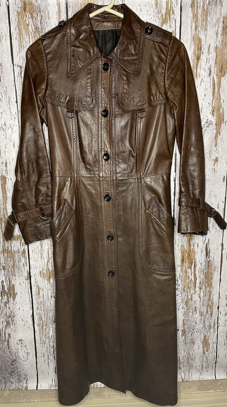 Vintage 1970's BEGED-OR 100% Leather Brown Retro Trench Long Coat Sz 8 ...