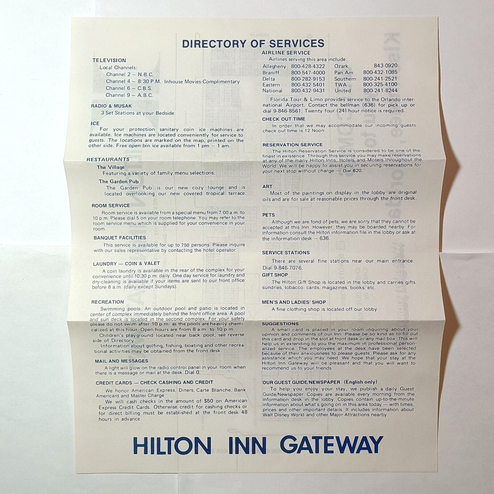 Hilton Inn Gateway Kissimmee Florida receipt & map directory 1979 WDW ...