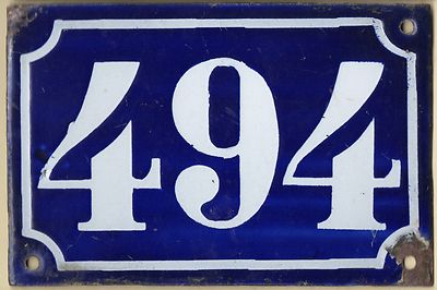 Old blue French house number 494 door gate plate plaque enamel metal ...