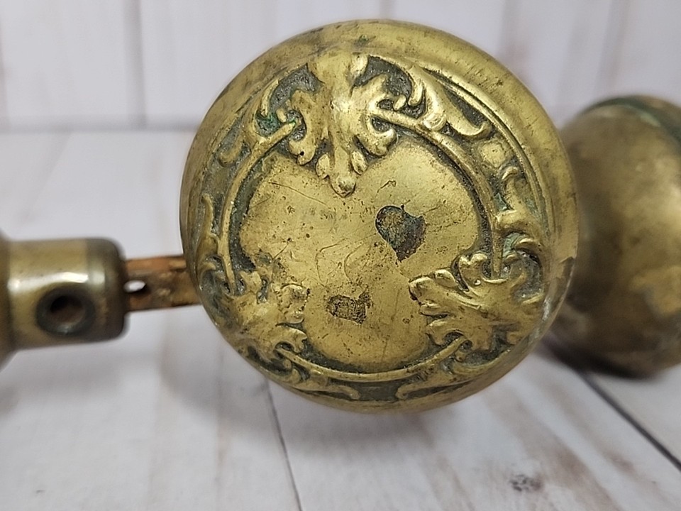 Antique Brass Round Door Knob Set Reclaimed Architectural Salvage Vintage Estate | eBay