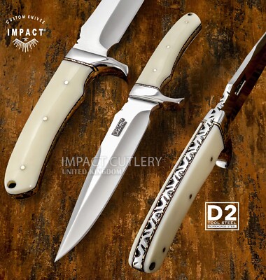 IMPACT CUTLERY RARE CUSTOM FULL TANG D2 HUNTER KNIFE ACRYLIC IVORITE ...