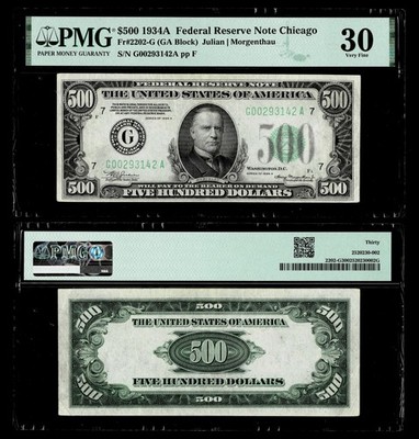 FR.#2202-G 1934-A $500 FEDERAL RESERVE NOTE ,CHICAGO~PMG VERY FINE 30 ...