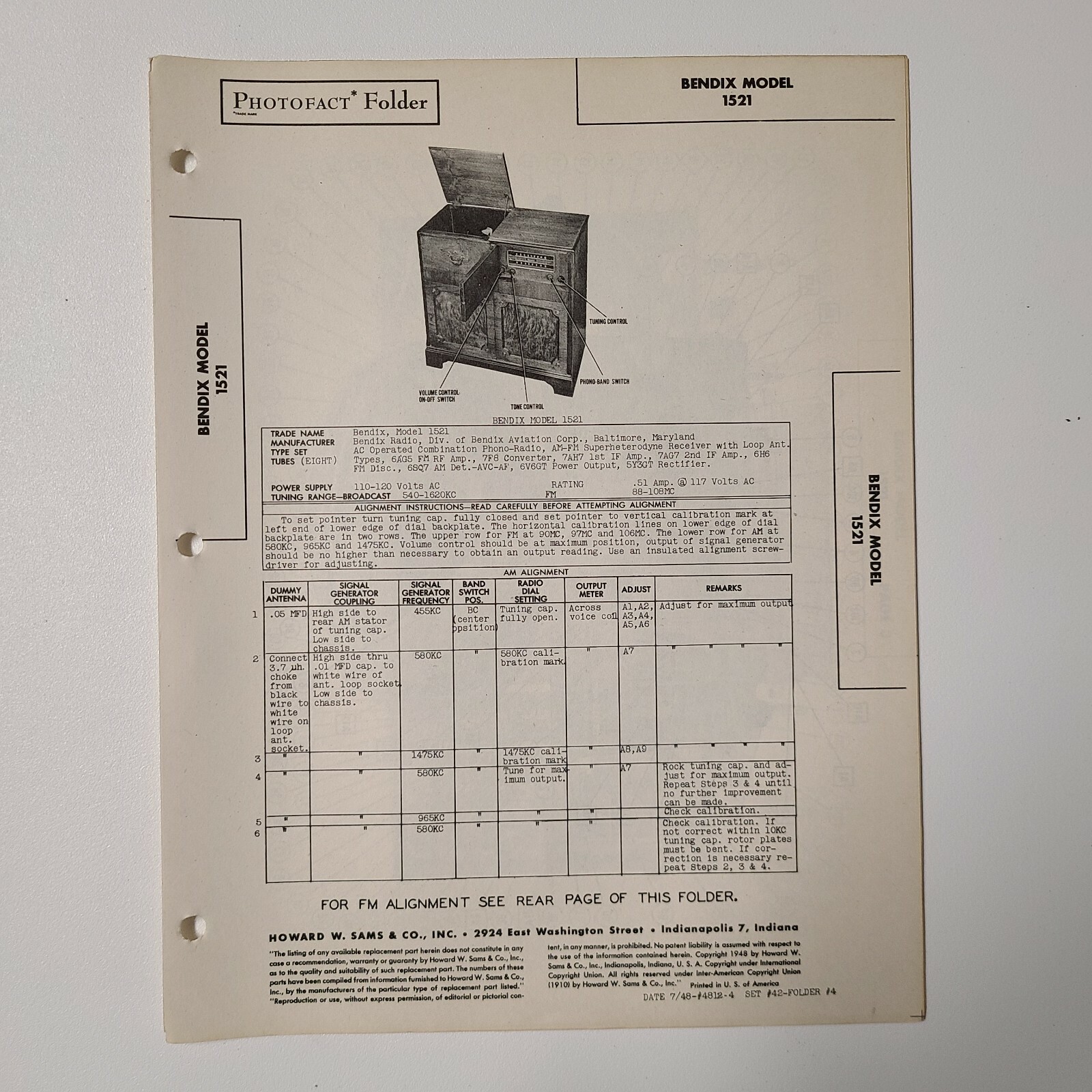 SAMS PHOTOFACT SERVICE MANUAL 42-4 BENDIX RADIO PHONOGRAPH 1521 | eBay