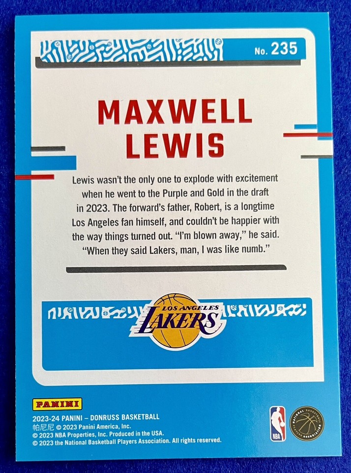 Maxwell Lewis 2023-24 Panini Donruss RATED ROOKIE Card #235 LAKERS | eBay