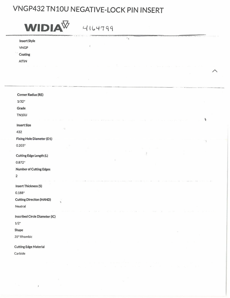 Insert Negative Lock Pin Widia EDP#4164799 Grade TN10U sell as 1 lot (5 ...