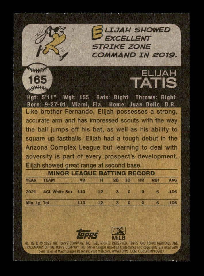 2022 Topps Heritage Minors #165 Elijah Tatis White Sox Baseball Card | eBay