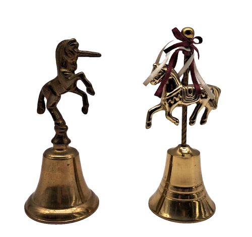 Lot of 2 Vintage Solid Brass Bells Unicorn Bell Carousel Horse Handbell ...