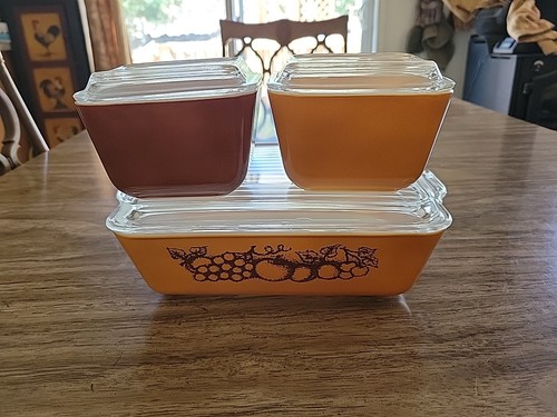 Pyrex Old Orchard 503 Refrigerator Dish & Lid Plus Tan & Brown 501 Ref ...