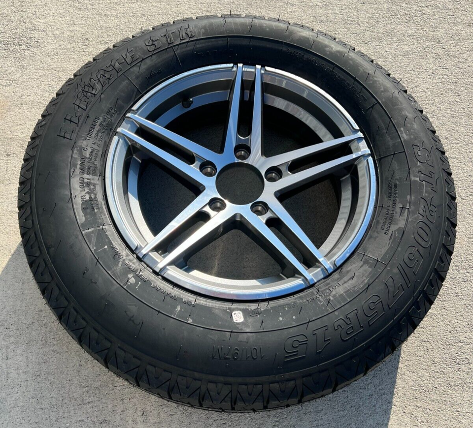 15" 5x4.5" Aluminum Gun Metal Trailer Rim Tire Wheel Assembly 205/75R15 ...