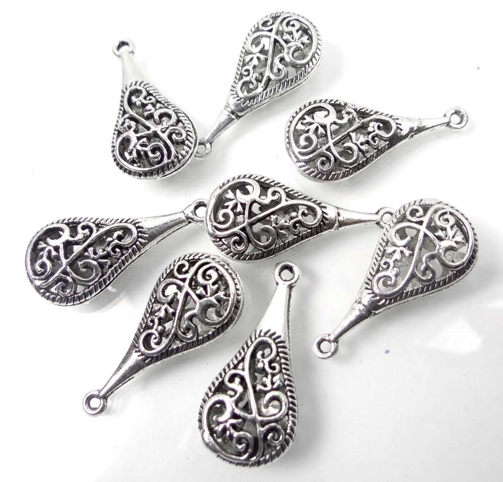 8 Silver Pewter Pipa Teardrop Filigree Charm Pendant 30mm | eBay