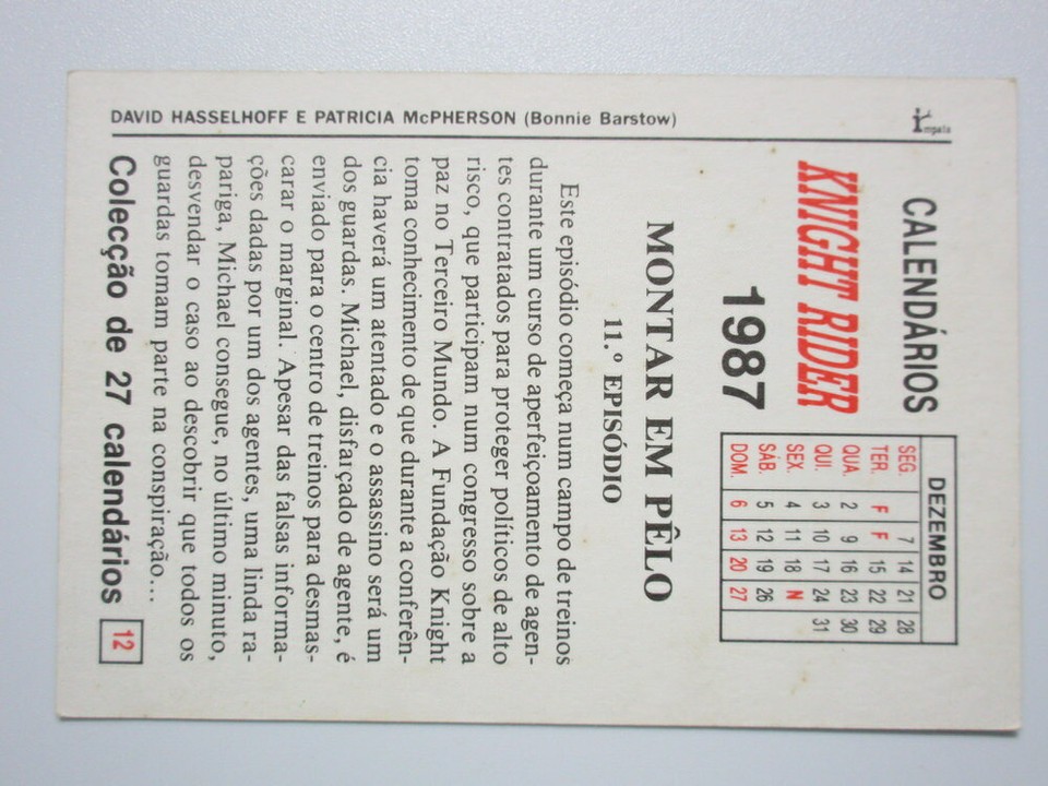 KNIGHT RIDER DAVID HASSELHOFF PATRICIA MCPHERSON POCKET CALENDAR CARD ...