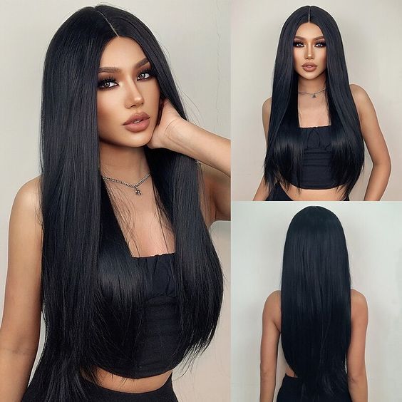 Black Long Straight Fiber Wigs Natual Looking Daily Use Heat Resistant ...