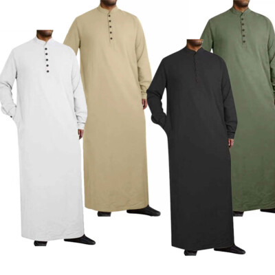 Islamic Muslim Men Jubba Robe Abaya Tunic Dress Clothes Long Sleeve ...