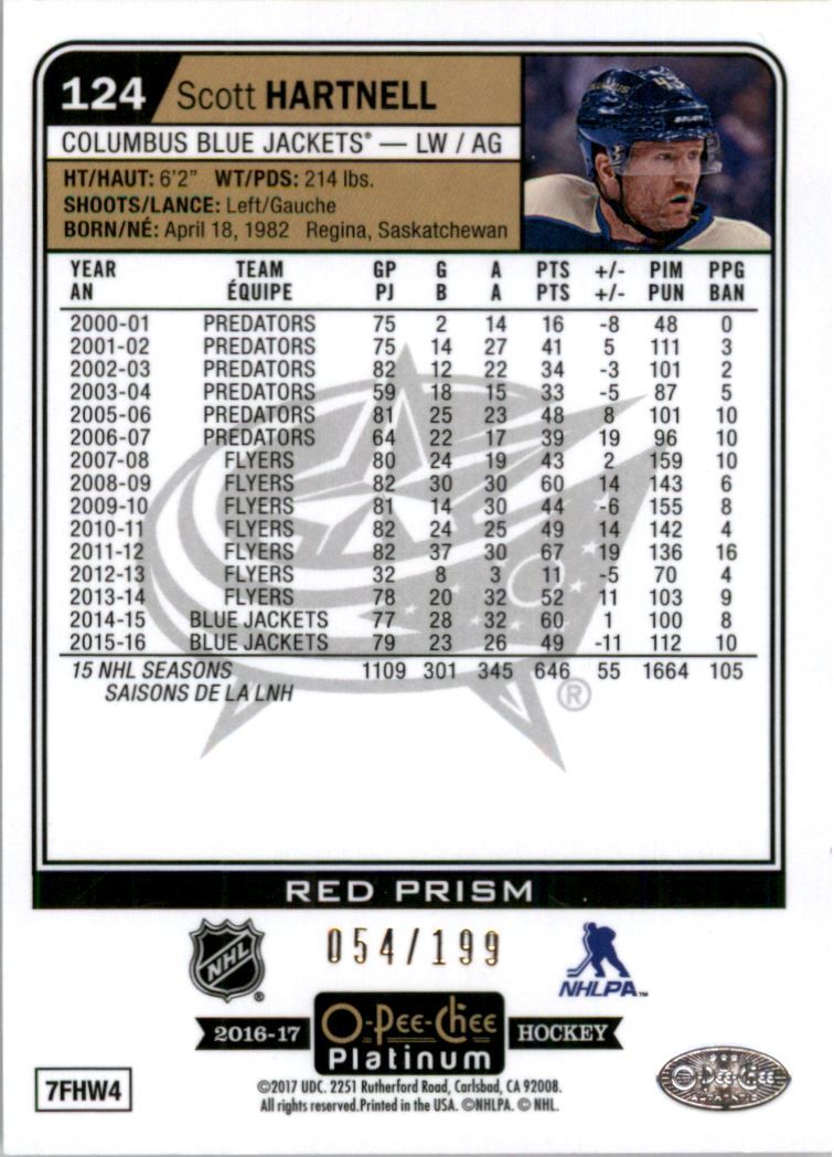 2016-17 O-Pee-Chee Platinum - Red Prism #124 Scott Hartnell /199 for ...
