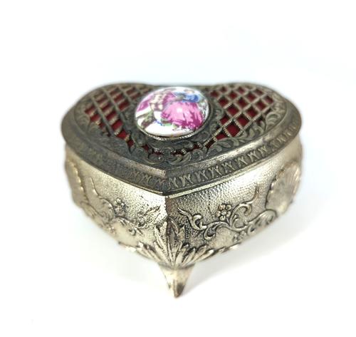 Vtg Cameo silver filigree Heart Shaped footed Jewelry Box w Red Velvet ...