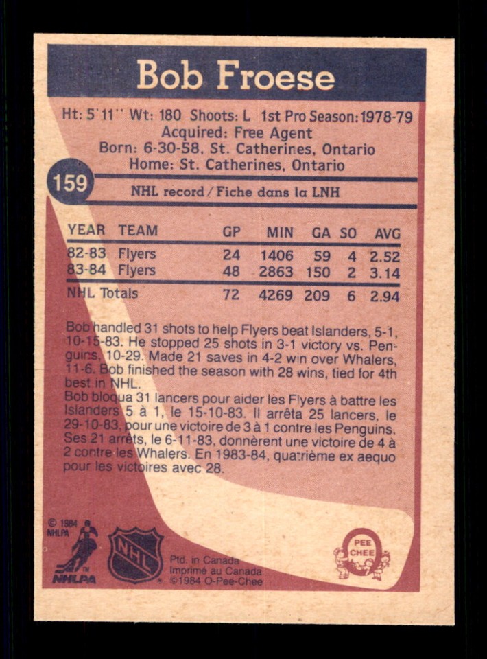 1984-85 O-Pee-Chee #159 Bob Froese - Crease Free | eBay