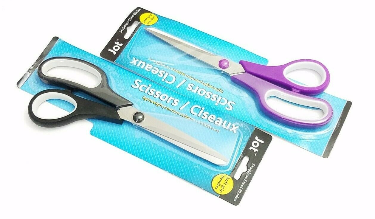 SET OF 2 SCISSORS BLACK & PURPLE SOFT GRIP HANDLES JOT 8-1/2 LONG ...