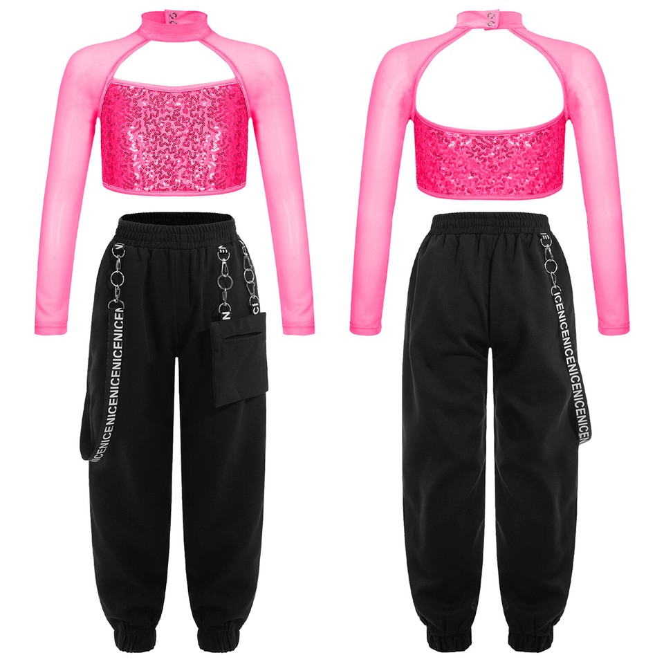 Kids Girls Dancewear Sequins Dance Crop Top with Cargo Jogger Pants Set ...