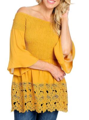 NEW - Indigo Thread Co. Woven & Lace Bell Sleeve Off-the-Shoulder ...