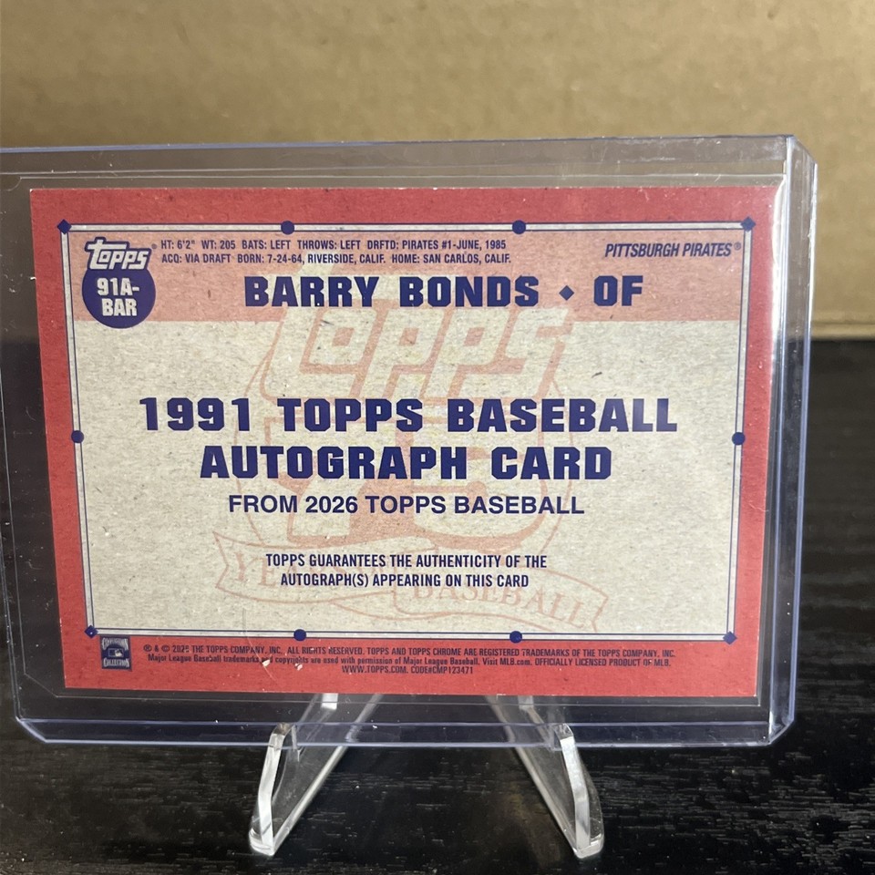 2026 Topps Series 1 BARRY BONDS #91A-BAR 1991 On-Card AUTO #63/99 ...