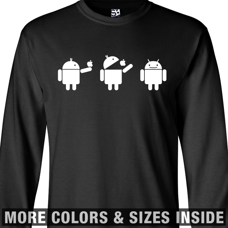 Droid Eats Apple Scene LONG SLEEVE T-Shirt Android Google Eating Mens ...