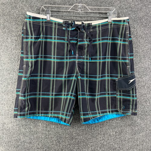 Speedo Swim Trunks Mens Large Black Blue Plaid Comfort Drawstring Lined ...