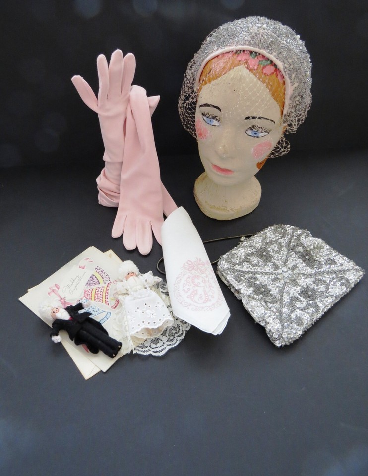 1950s Pink Juliet Cap with Veil - Pale Pink Hat Silver Seed Beads White ...