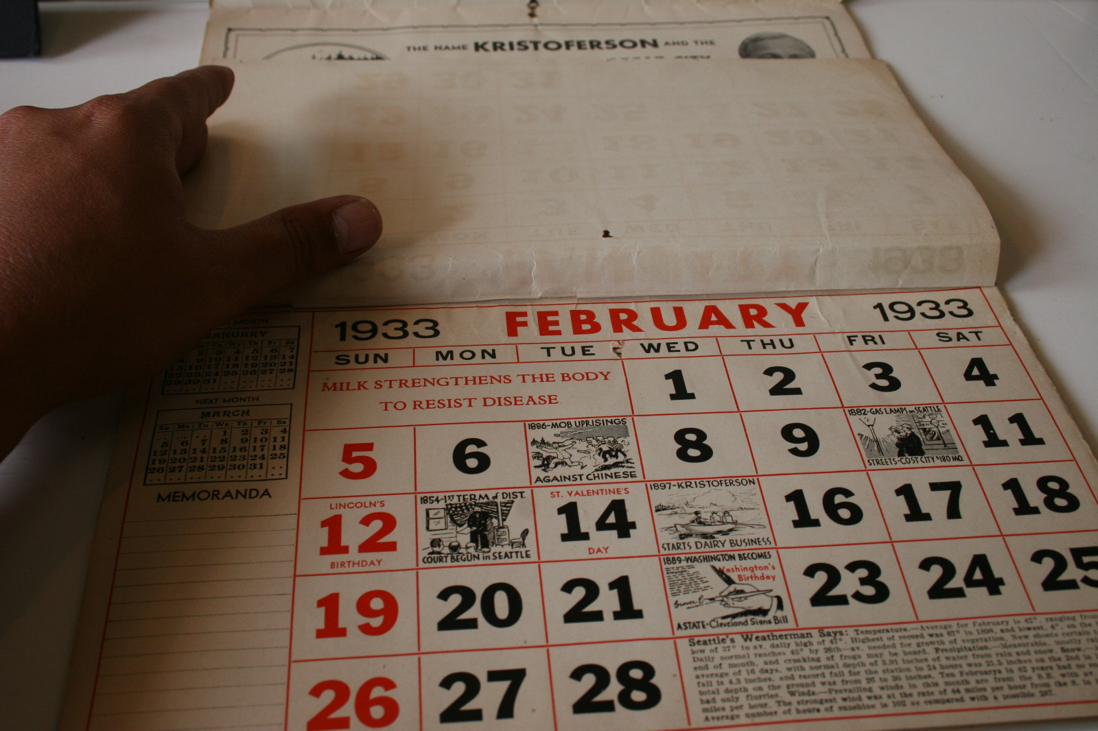 1933 Calendar Advertising KRISTOFERSONS DAIRY SEATTLE WA & Recipes | eBay