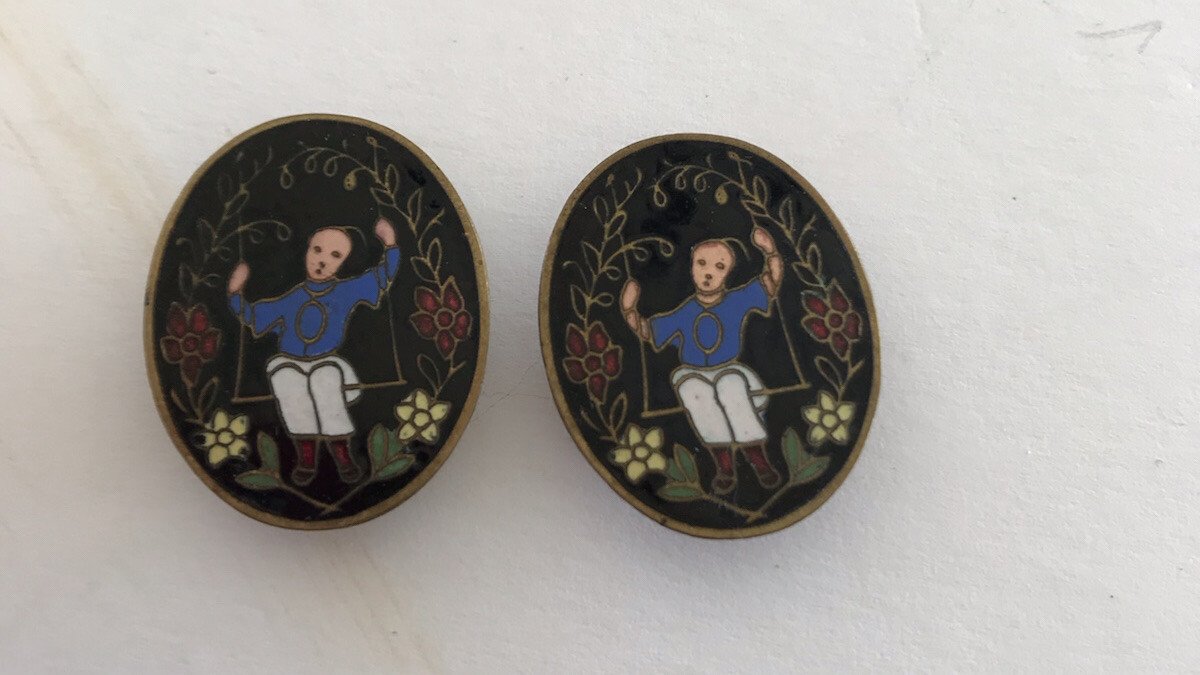 Antique Victorian? Enamel 1" Cuff Buttons Man Swinging On Swing Flowers ...