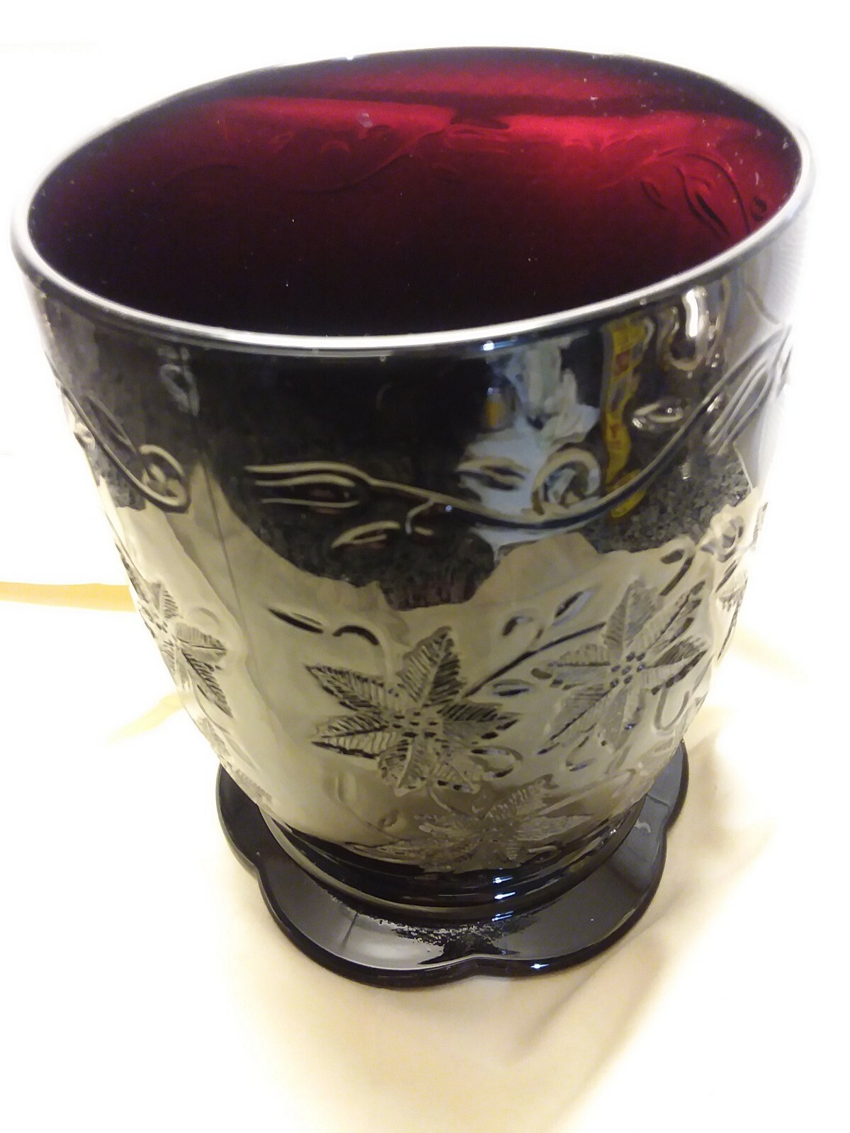 Deep Dark Red Black Glass Vase Imprinted With Flowers Vintage Large | eBay